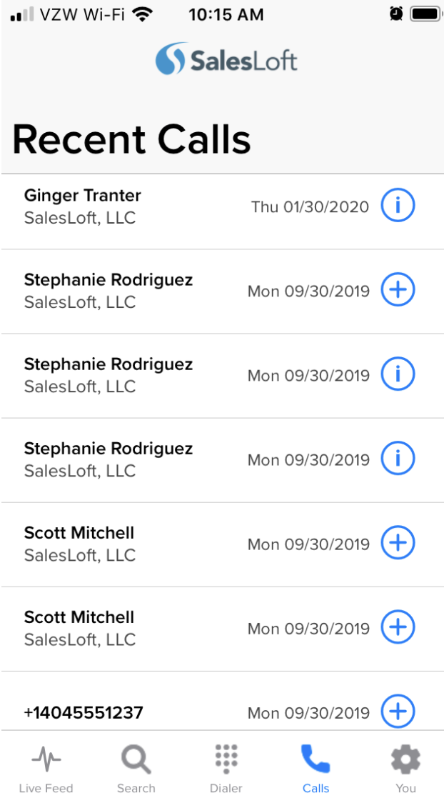 Recent Calls in SalesLoft Mobile