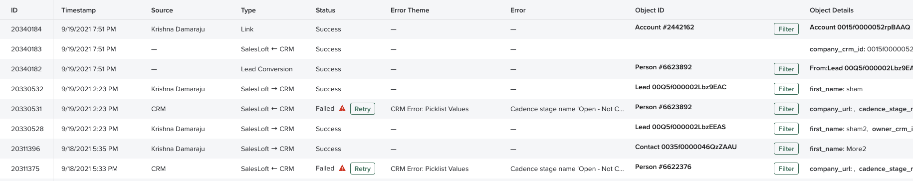 View CRM Sync Logs