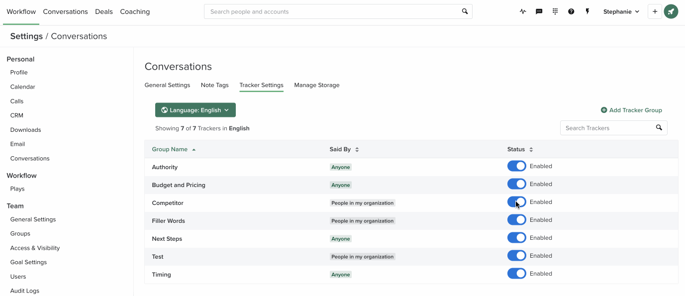 Manage Tracker Settings